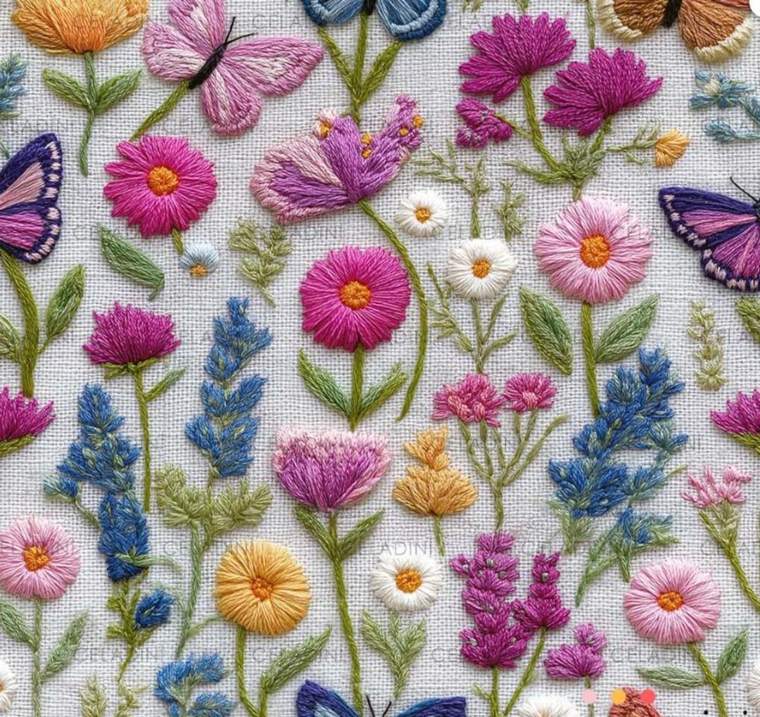 3D Embroidery Effect Print Upholstery Fabric, Wildflower Butterfly ...