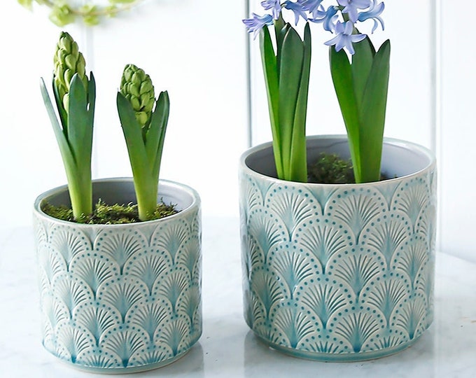 Blue Fan Patterned Plant Pot - Etsy UK
