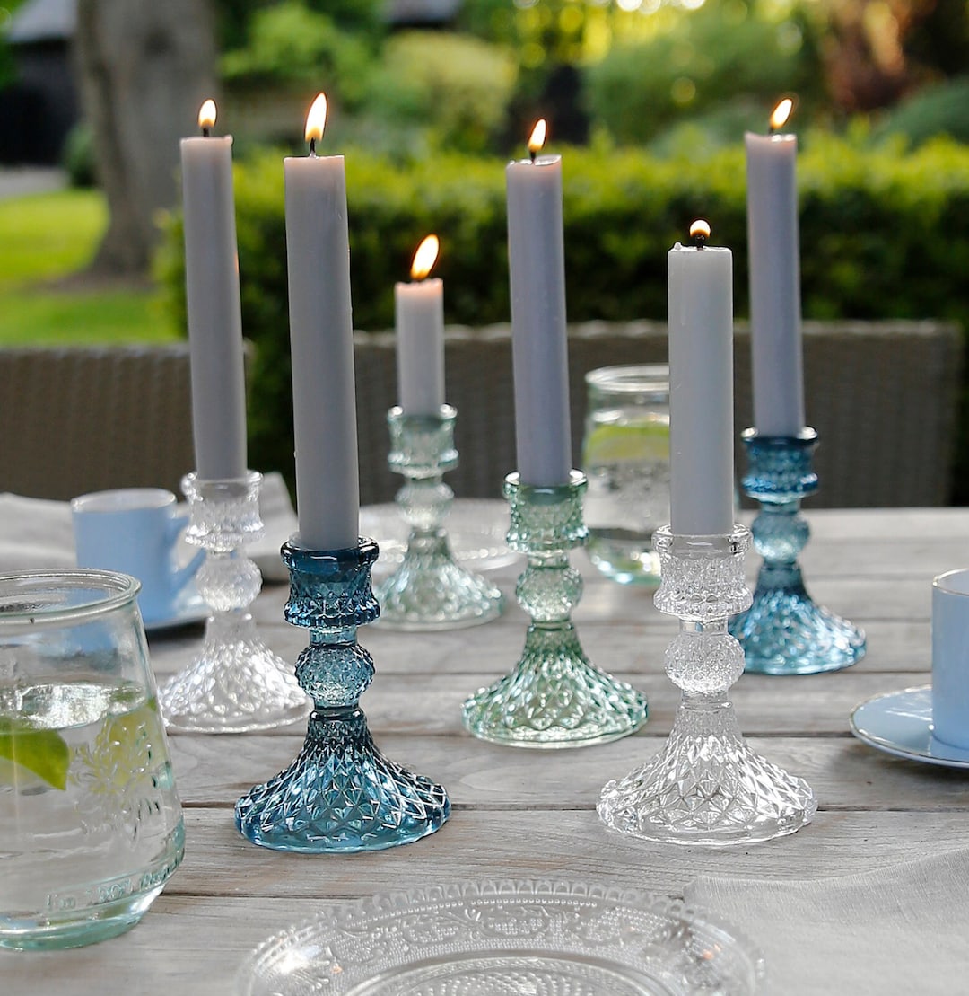 Cut Coloured Glass Candlestick - Blue Candlestick, Green Candlestick ...