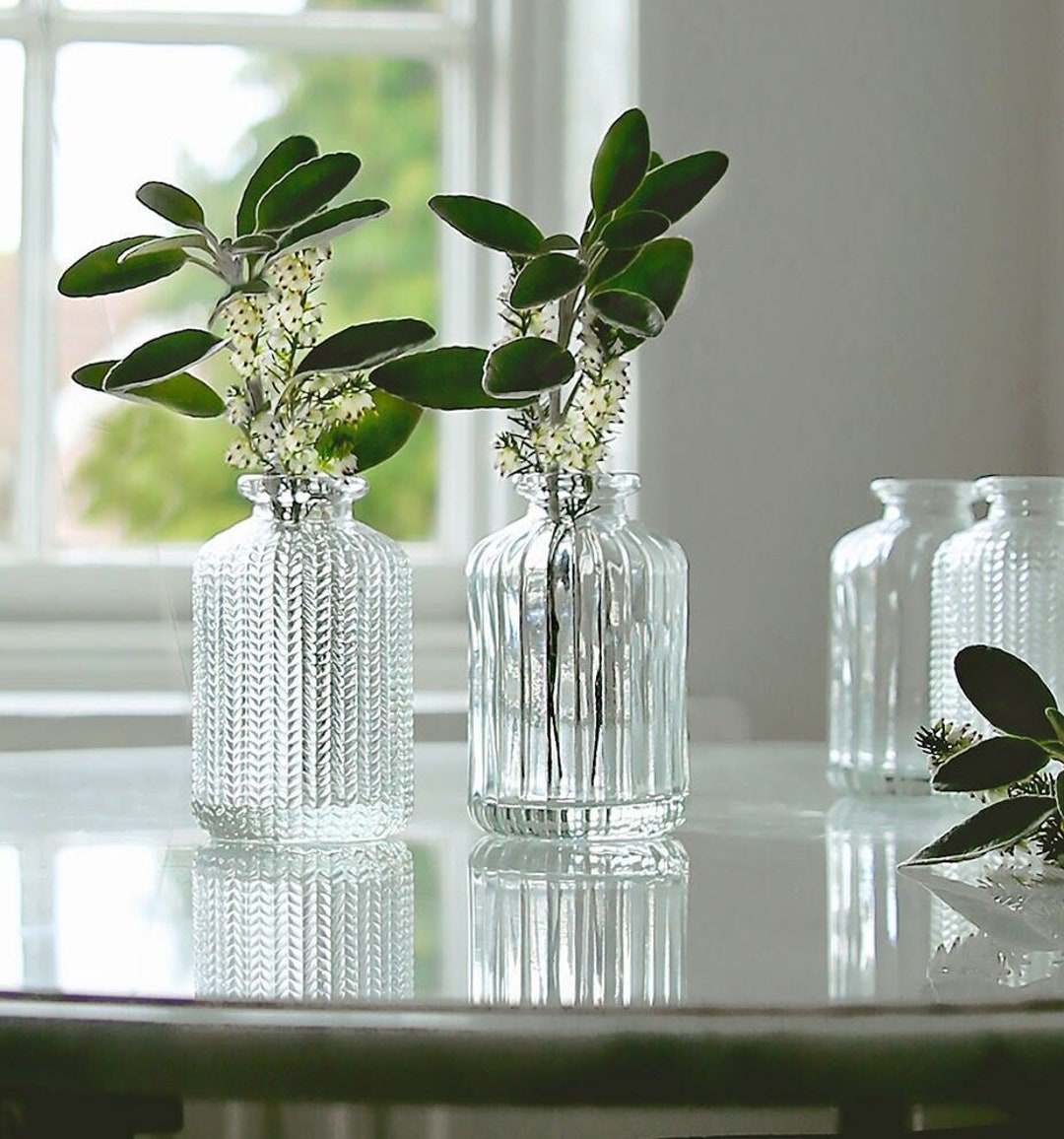 Set of 2 Little Patterned Glass Bottles - Clear Glass Bud Vases - Etsy UK