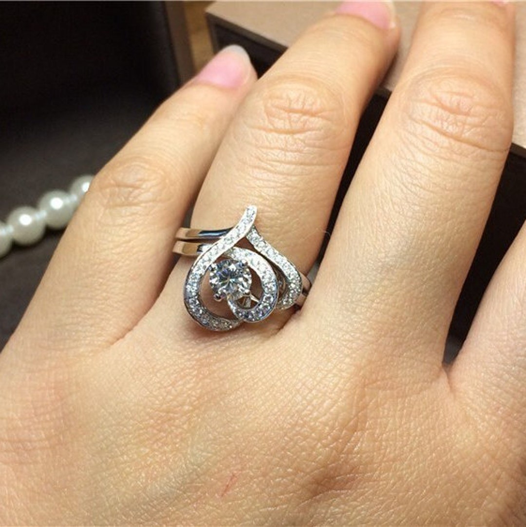 Romantic Open Heart Wedding Ring Set Bridal Ring Set 14K - Etsy