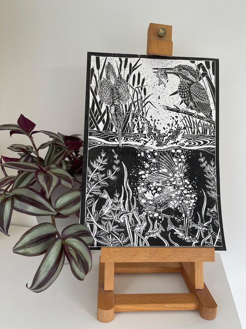 Kingfisher River Scene A4 Linocut Handmade Print - Etsy UK