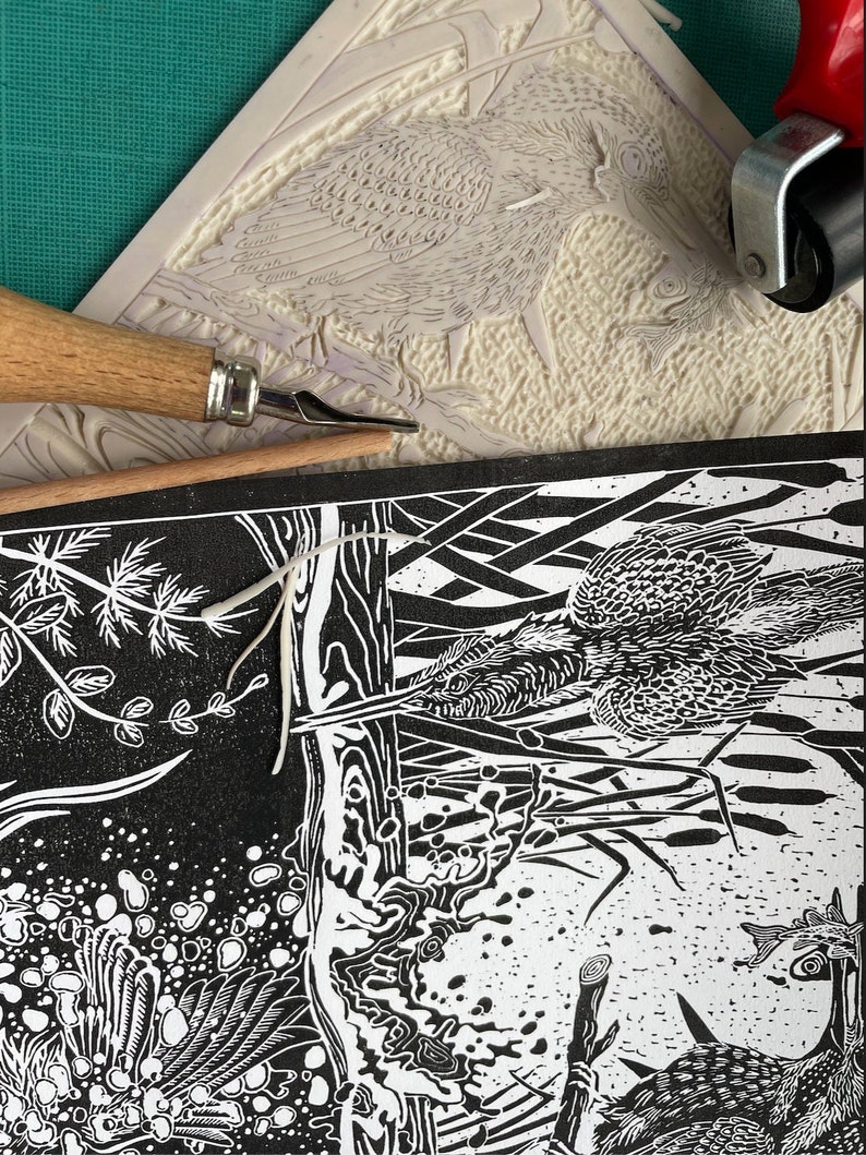 Kingfisher River Scene A4 Linocut Handmade Print - Etsy UK