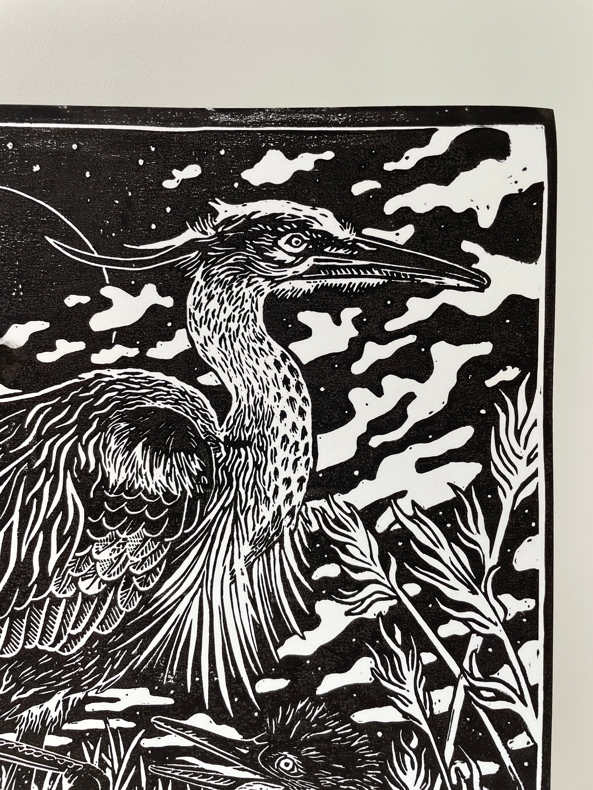Heron, Nest Scene - A4 Linocut Handmade Print - Etsy