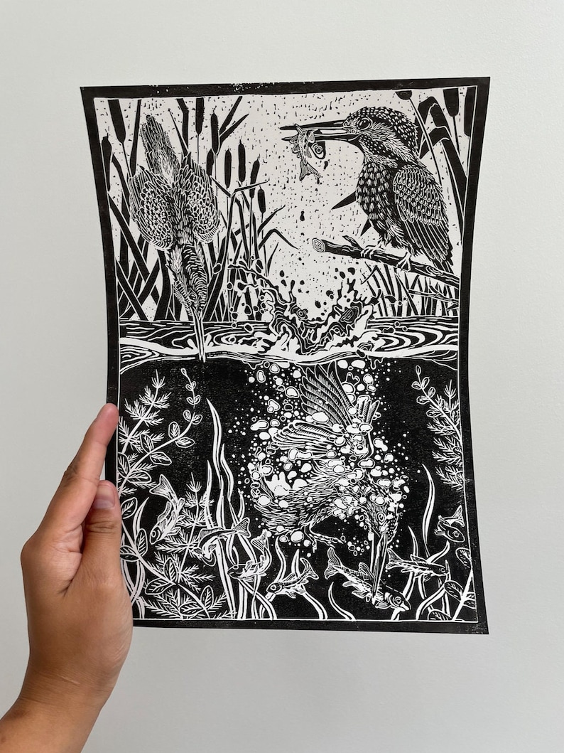 Kingfisher River Scene A4 Linocut Handmade Print - Etsy UK