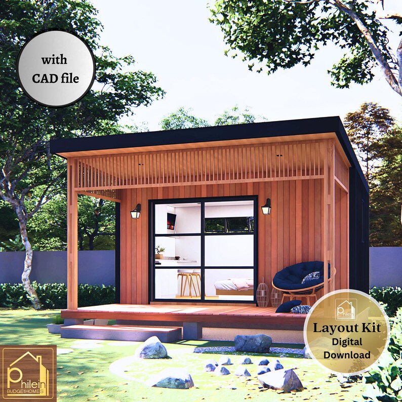 Plano de casa pequeña tipo cabaña de 15 m2, descarga digital en formato PDF con archivo CAD ...