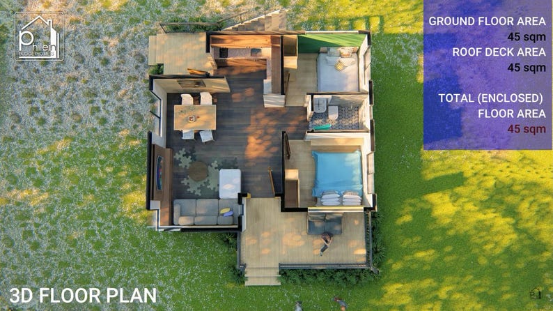 45 Sqm Small House Design - 2 Bedrooms Floor Plan & Elevations ...