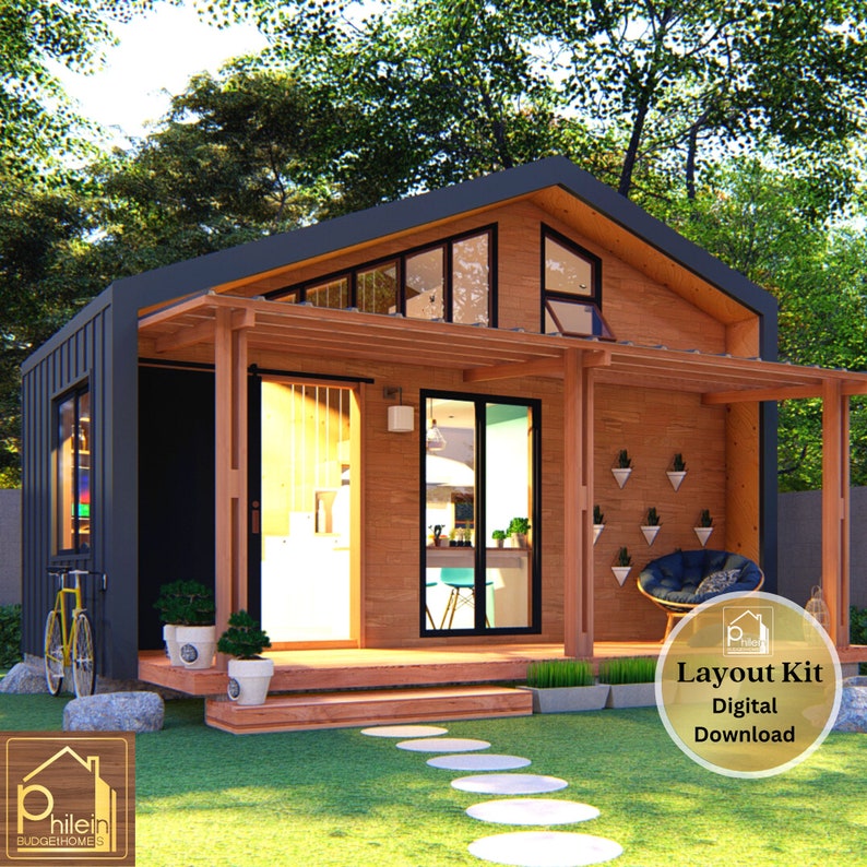 Cute Tiny House Plan with Loft Bedroom and Porch Layout Kit basic Floor ...