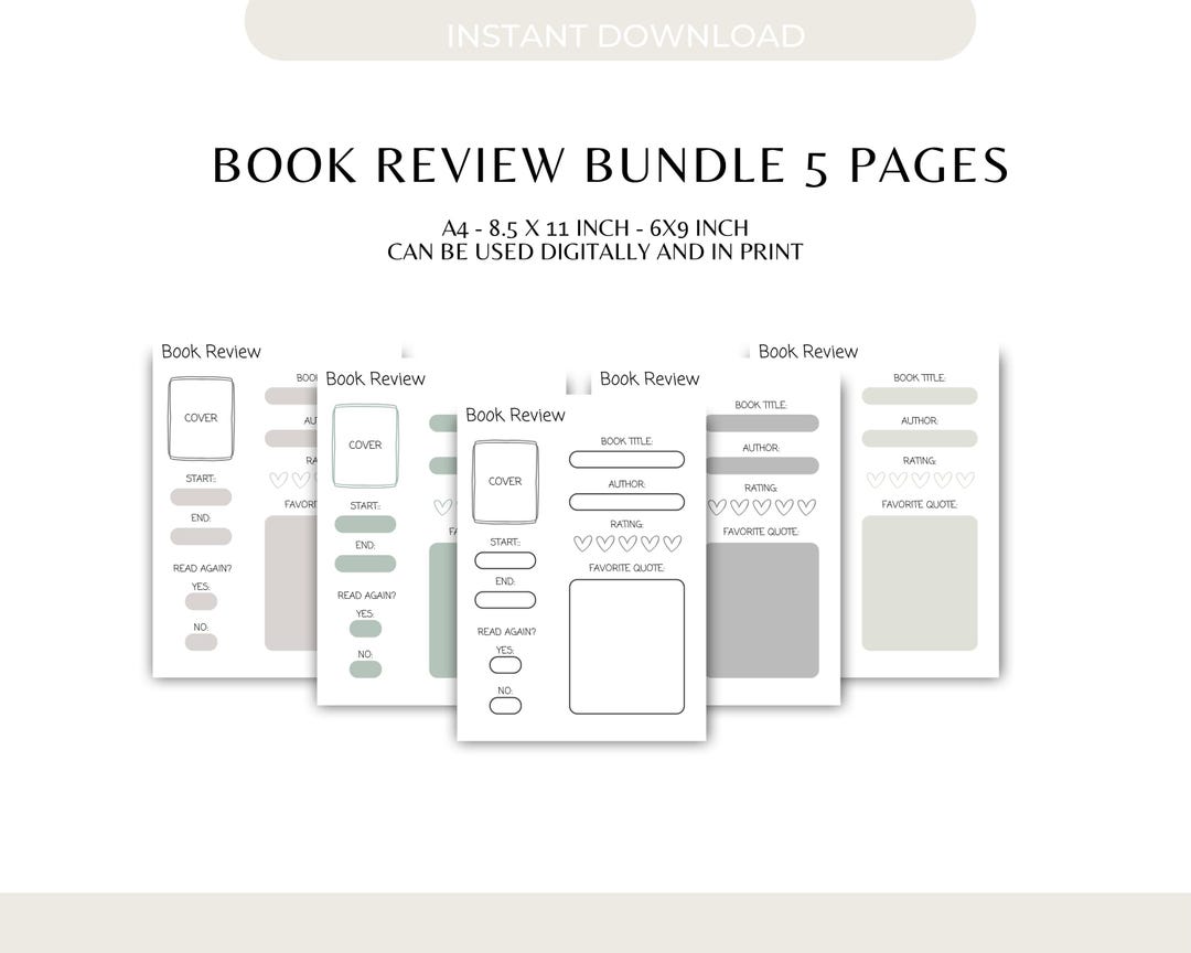 Printable Book Review, Reading Tracker, Reading Journal A4 8.5x11 6x9 ...