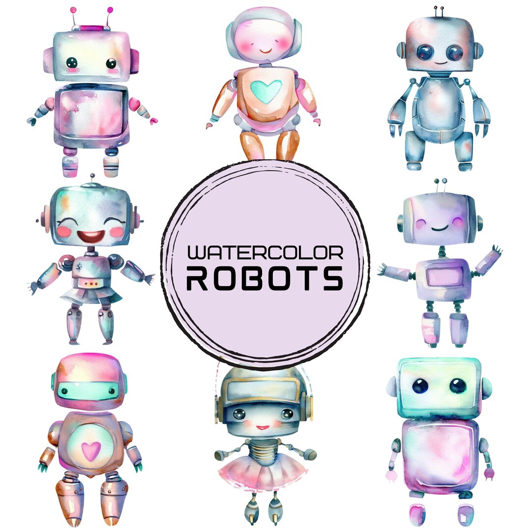 Robot Clipart | Watercolor Cute Robot PNG Bundle | Commercial Use & DIY ...