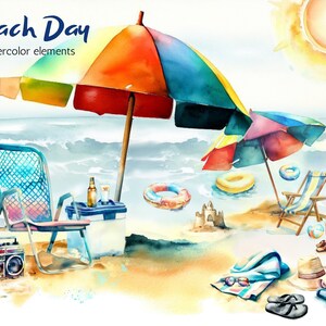 Commercial Use Beach Day Clipart, Watercolor Beach Day Art, Printable ...