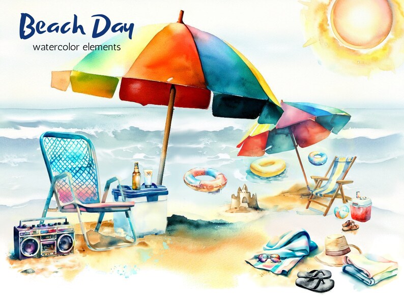Commercial Use Beach Day Clipart Watercolor Beach Day Art - Etsy