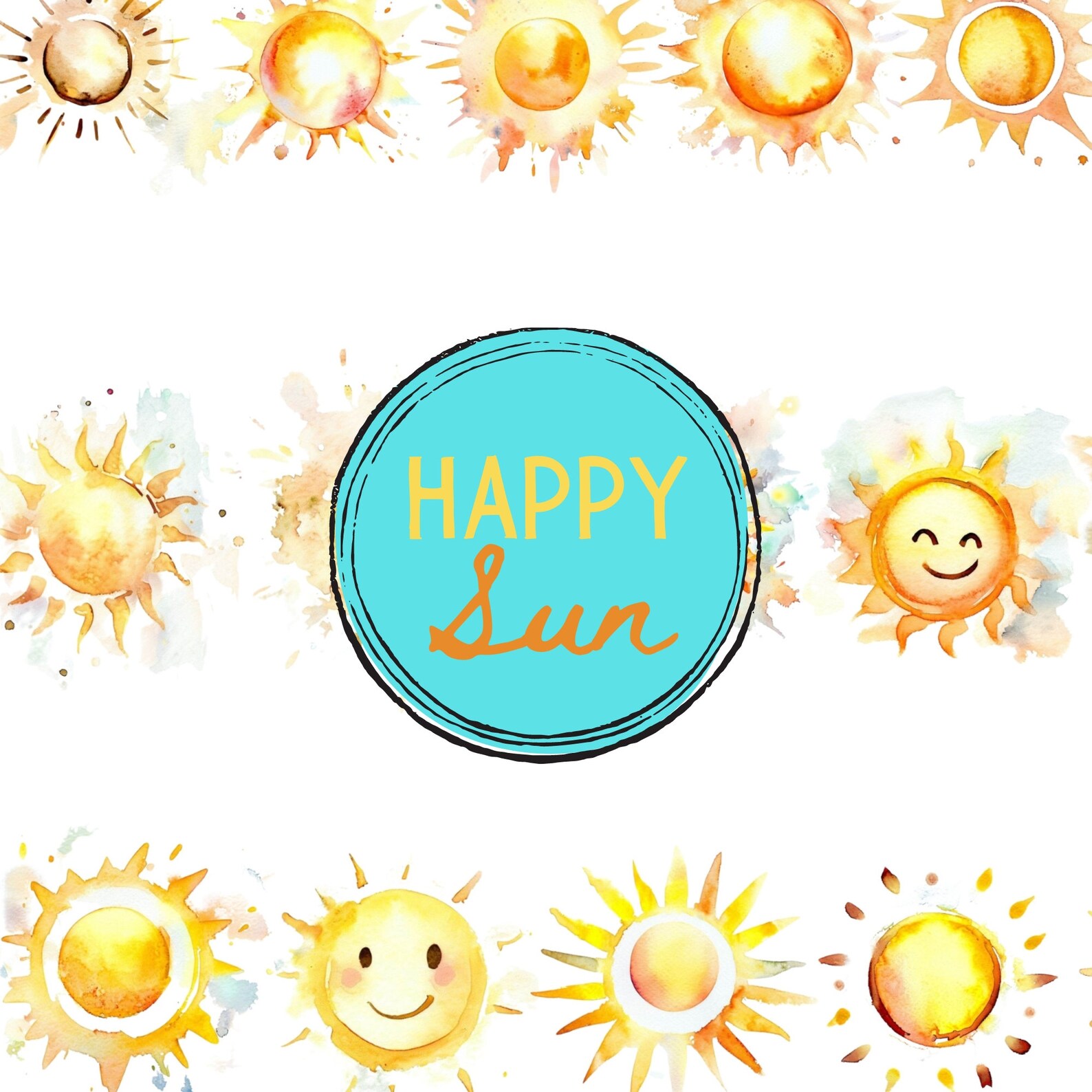 Commercial Use Happy Sun Art, Boho Sun Clipart, Watercolor Happy Sun ...