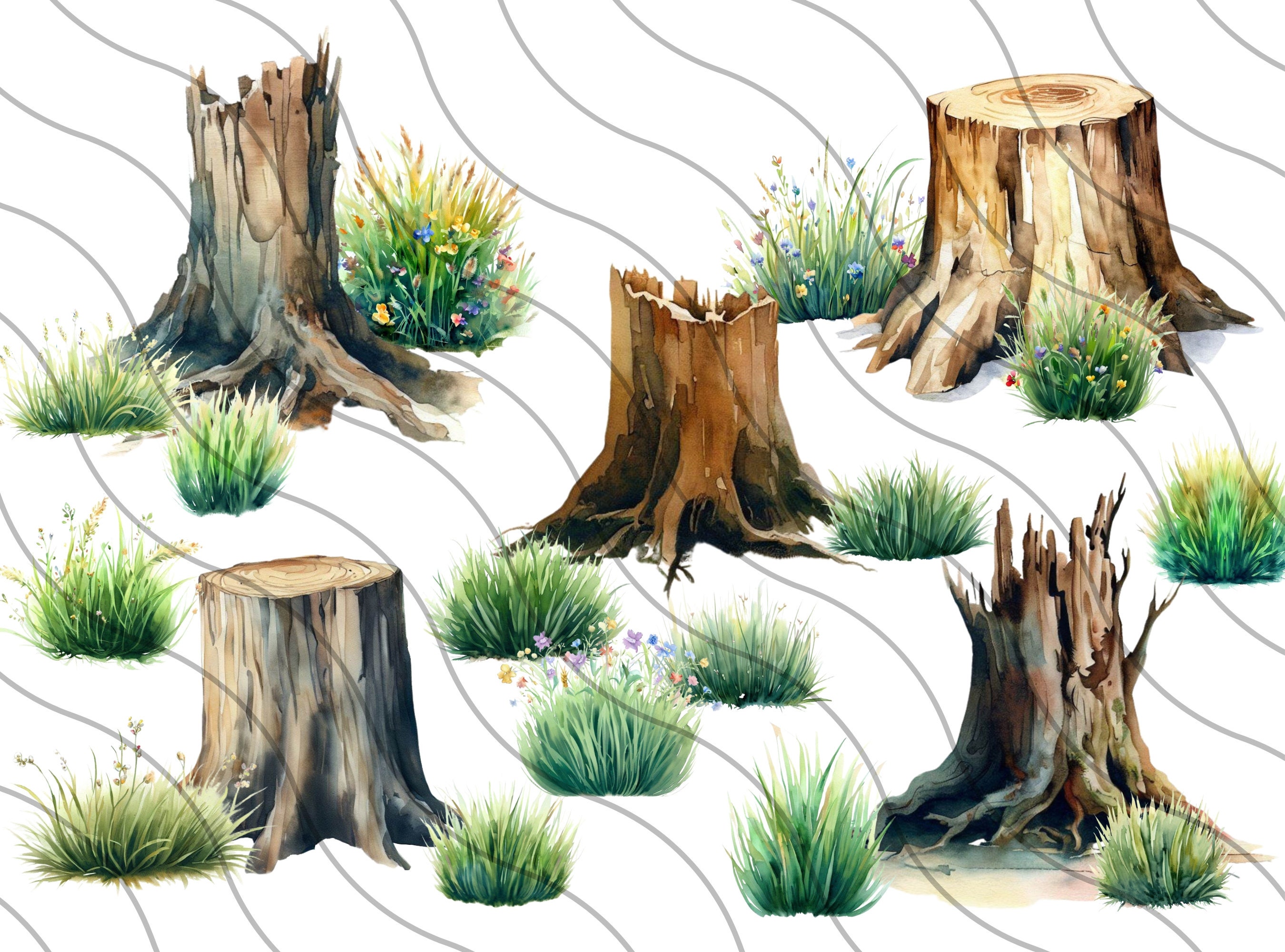 Watercolor Tree Stump Clipart: Grass PNG Bundle (commercial Use) - Etsy