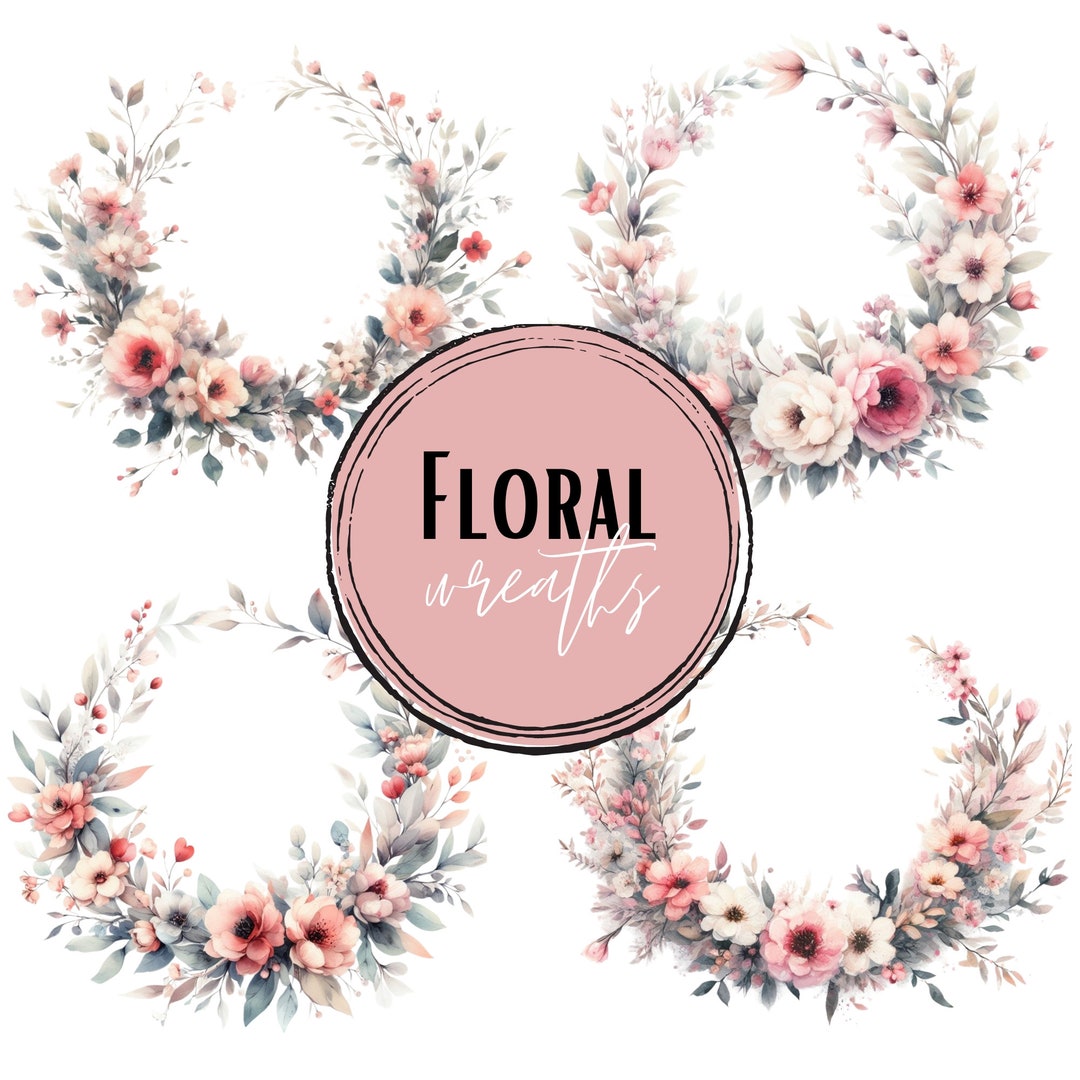 Commercial Use Watercolor Pink Floral Wreaths Set of 16 PNG Clipart - Etsy