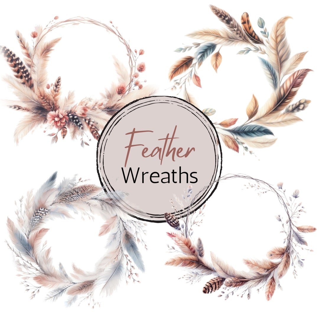 Commercial Use Bohemian Feather Clipart, Boho Feather Wreaths ...