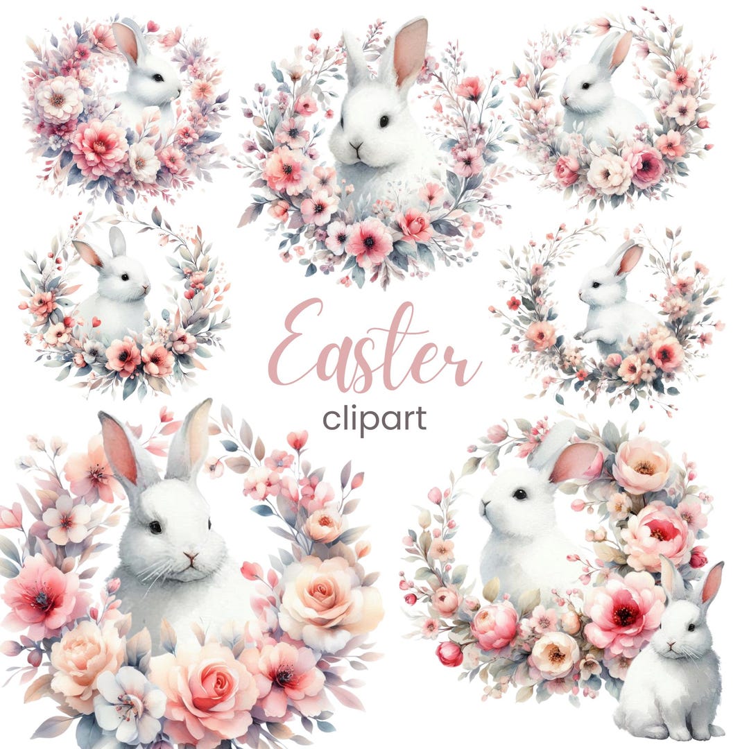 Watercolor Easter Bunny Clipart: Floral Wreaths (commercial Use) - Etsy