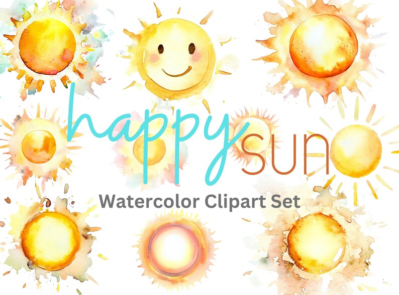 Commercial Use Happy Sun Art, Boho Sun Clipart, Watercolor Happy Sun ...