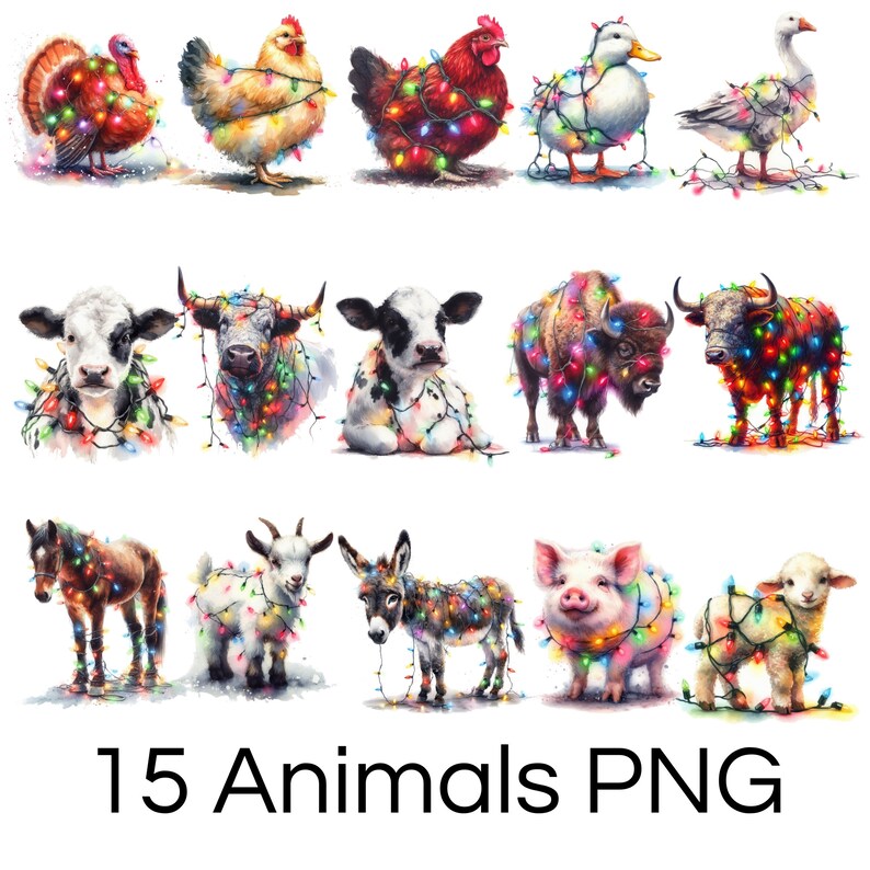Christmas Farm Animal Clipart Bundle: Tangled in Holiday Lights - Etsy