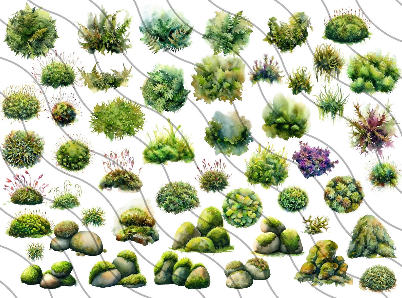 Commercial Use Moss Art, Watercolor Moss Rocks Clipart, Mossy Rocks ...