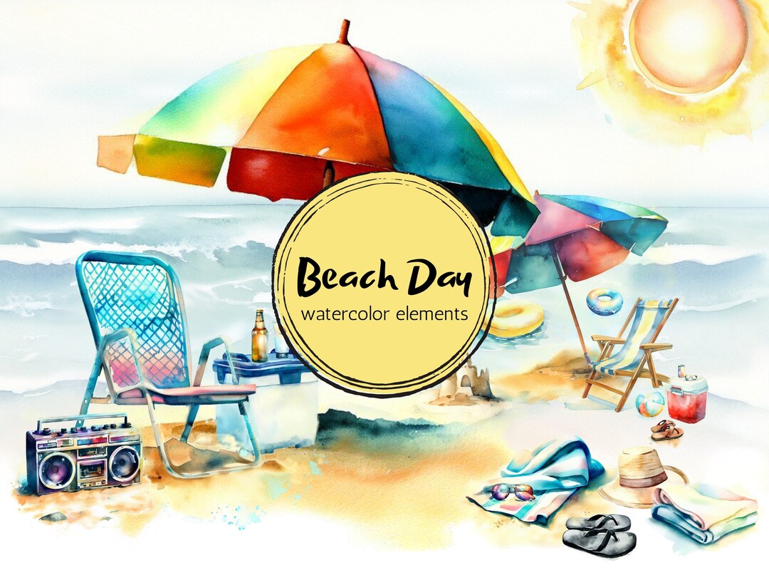 Commercial Use Beach Day Clipart, Watercolor Beach Day Art, Printable ...