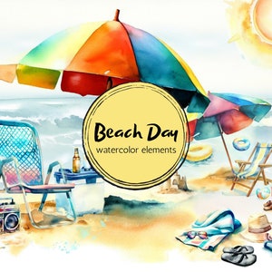 Commercial Use Beach Day Clipart, Watercolor Beach Day Art, Printable ...
