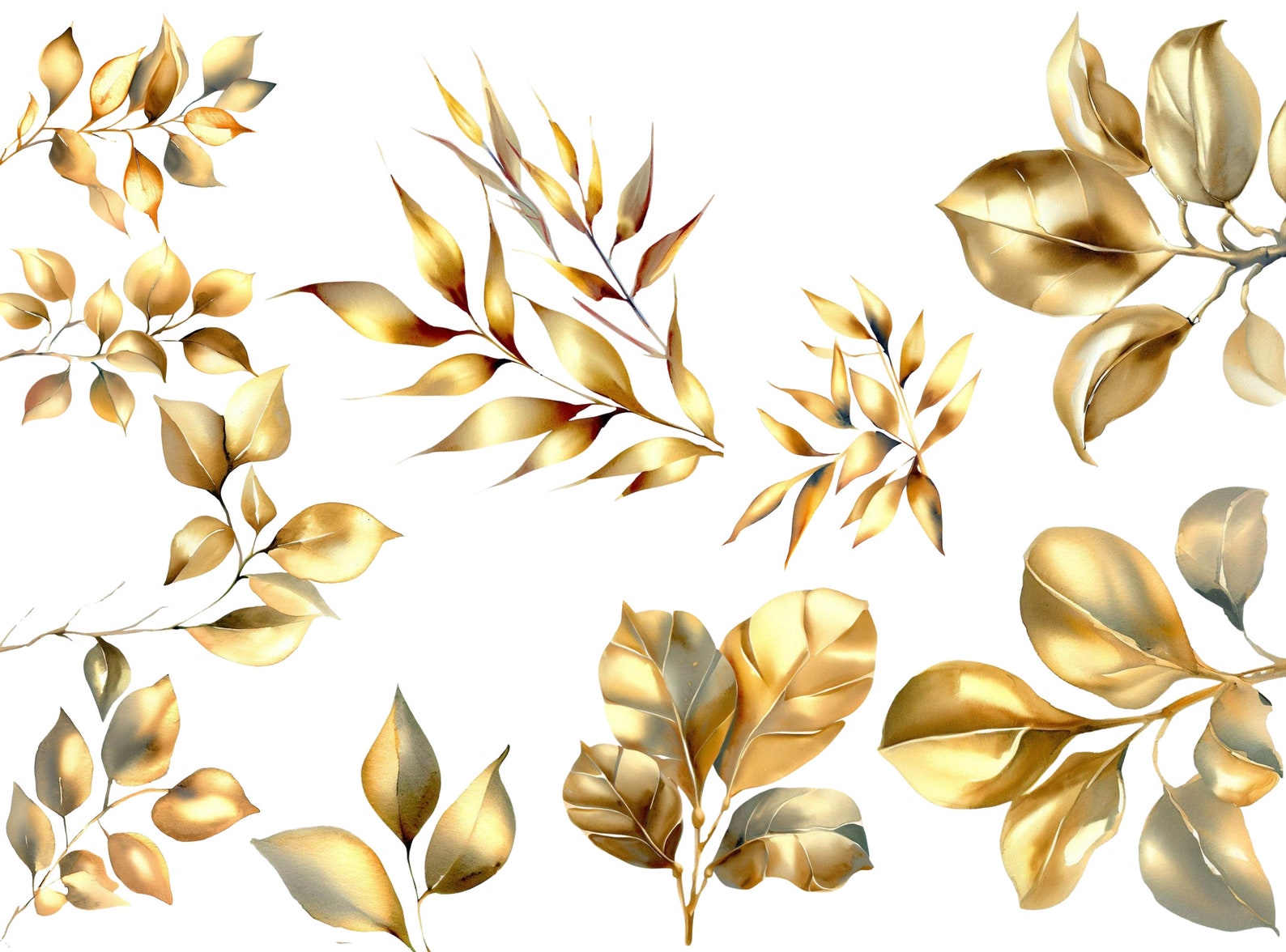 Commercial Use Watercolor Gold Leaves PNG Set - Etsy