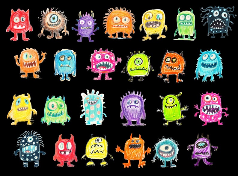 Monster Clipart: Crayon Art PNG Bundle (commercial Use) - Etsy UK