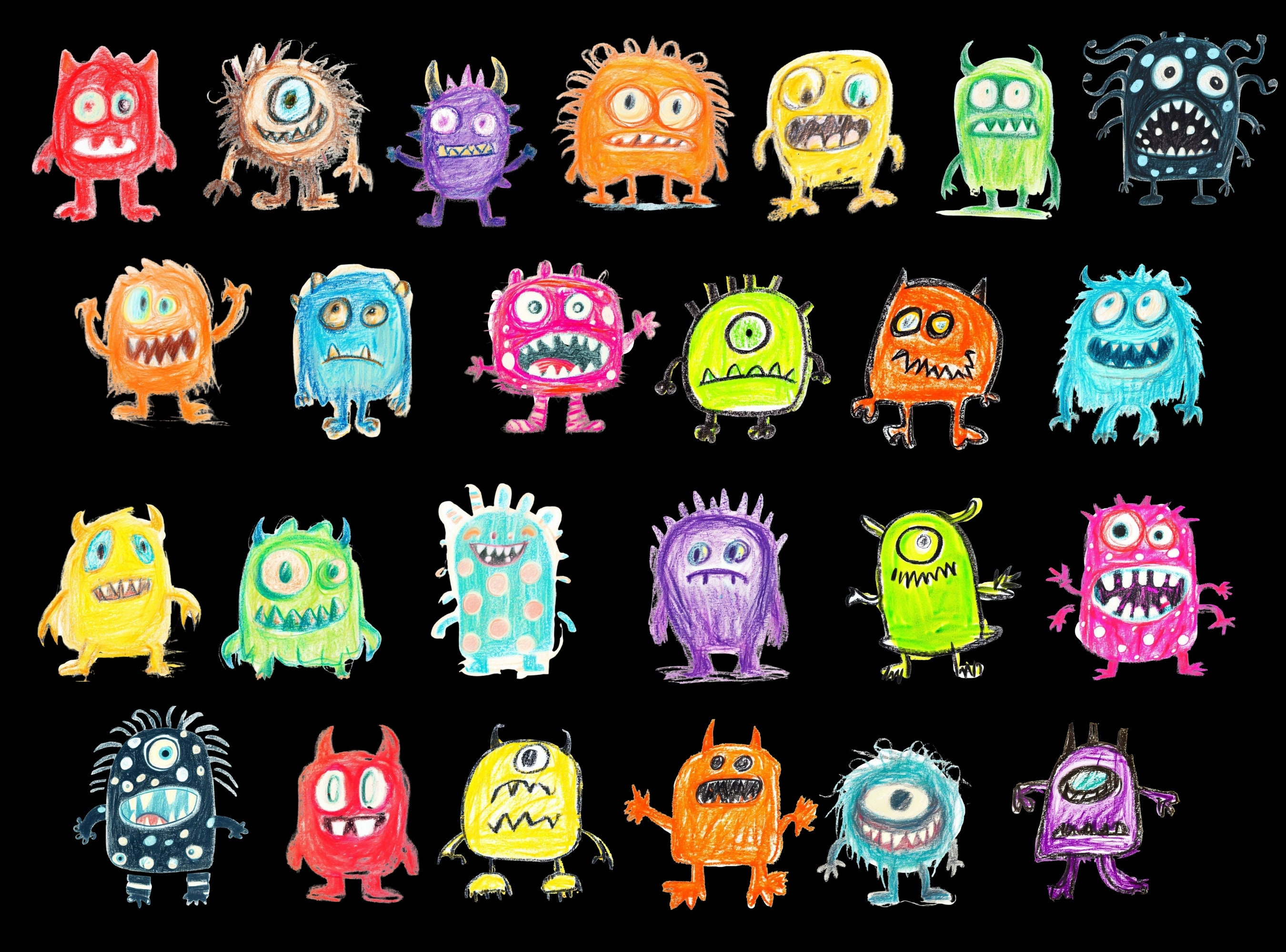 Monster Clipart: Crayon Art PNG Bundle (commercial Use) - Etsy UK