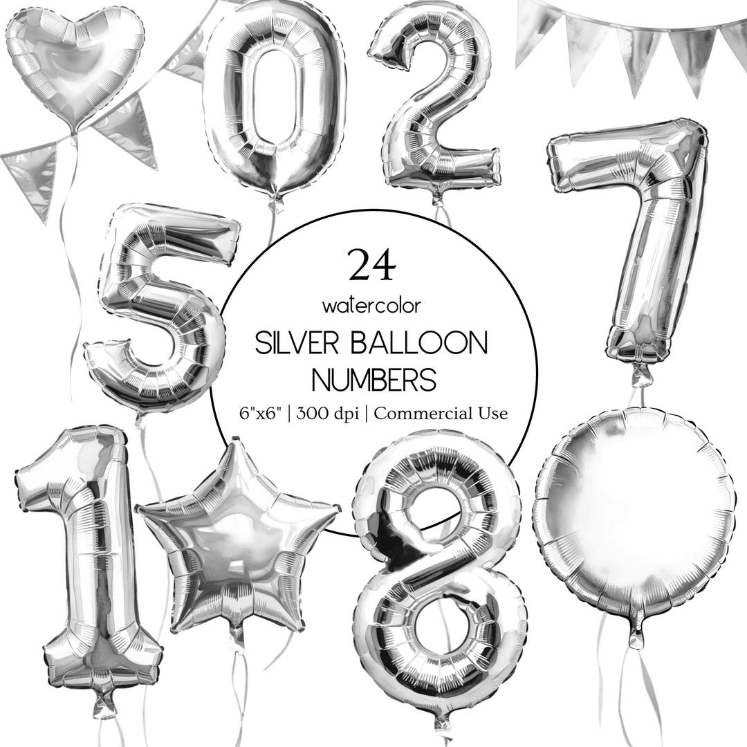 Silver Balloon Clipart Bundle: PNG Foil Number Balloons and Mylar ...