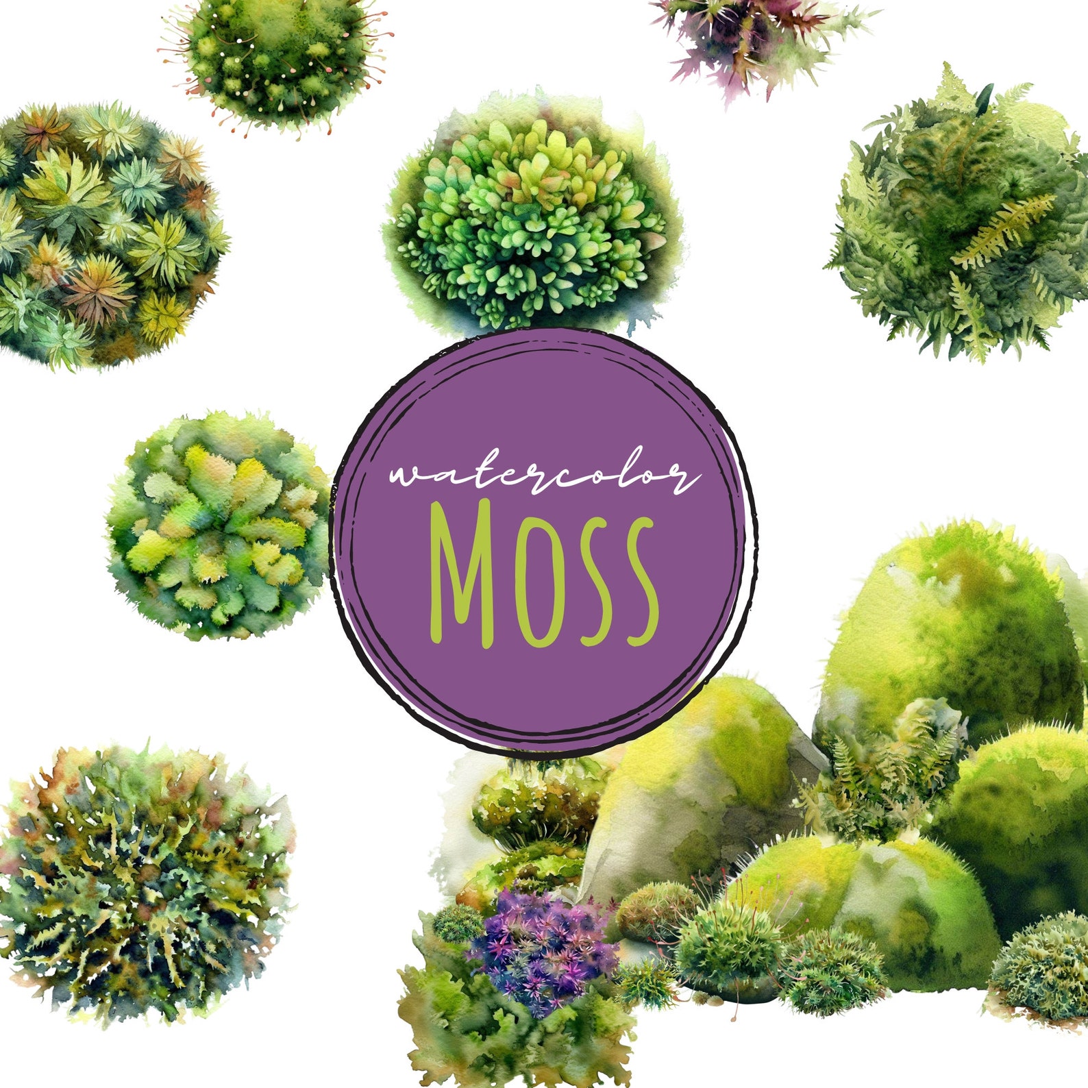 Commercial Use Moss Art, Watercolor Moss Rocks Clipart, Mossy Rocks ...