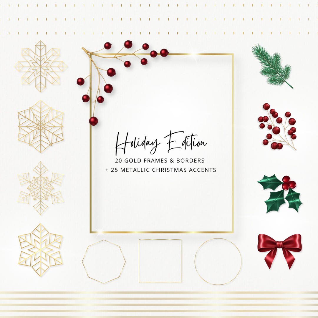 Modern Christmas Clipart Bundle: Holiday Pngs & Gold Christmas Borders ...