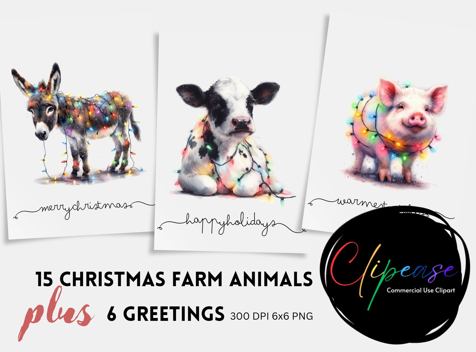 Christmas Farm Animal Clipart Bundle: Tangled in Holiday Lights - Etsy