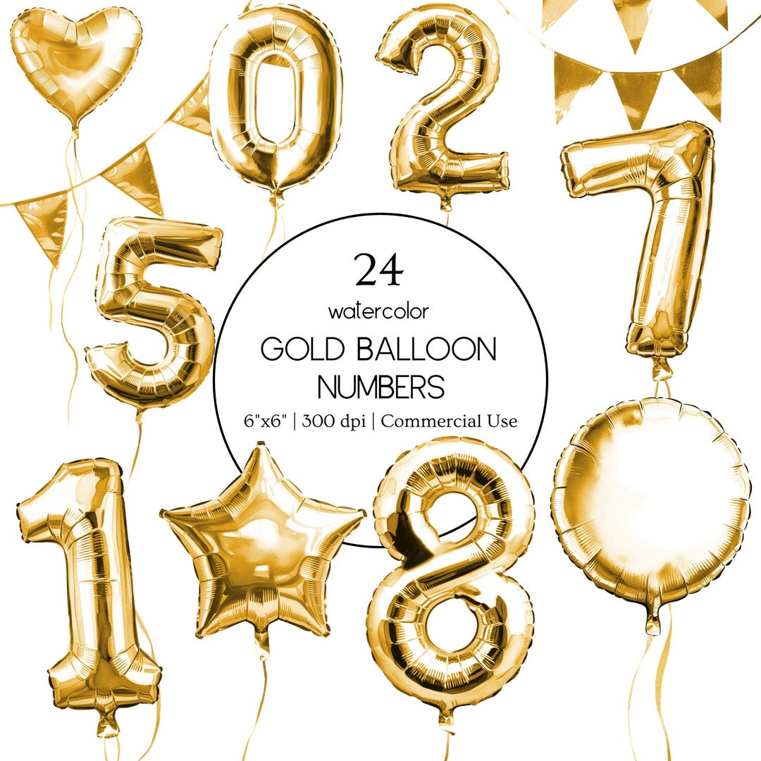 Gold Balloon Clipart Bundle: PNG Foil Number Balloons and Mylar Clipart ...
