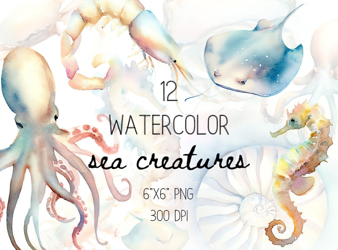Commercial Use Sea Creatures Clipart, Watercolor Ocean Sea Creatures ...
