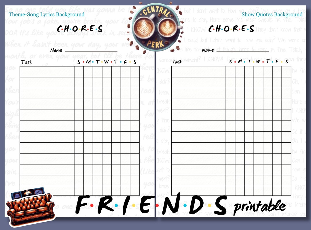 Friend's Theme Chore Chart Chore Chart for Teens College - Etsy