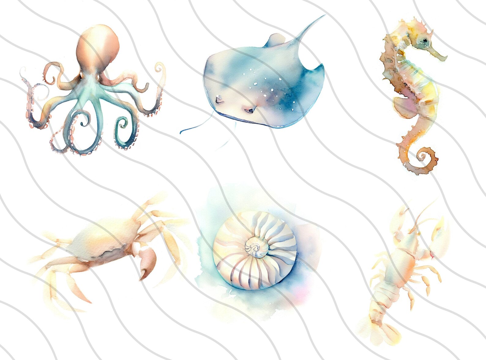 Commercial Use Sea Creatures Clipart, Watercolor Ocean Sea Creatures ...