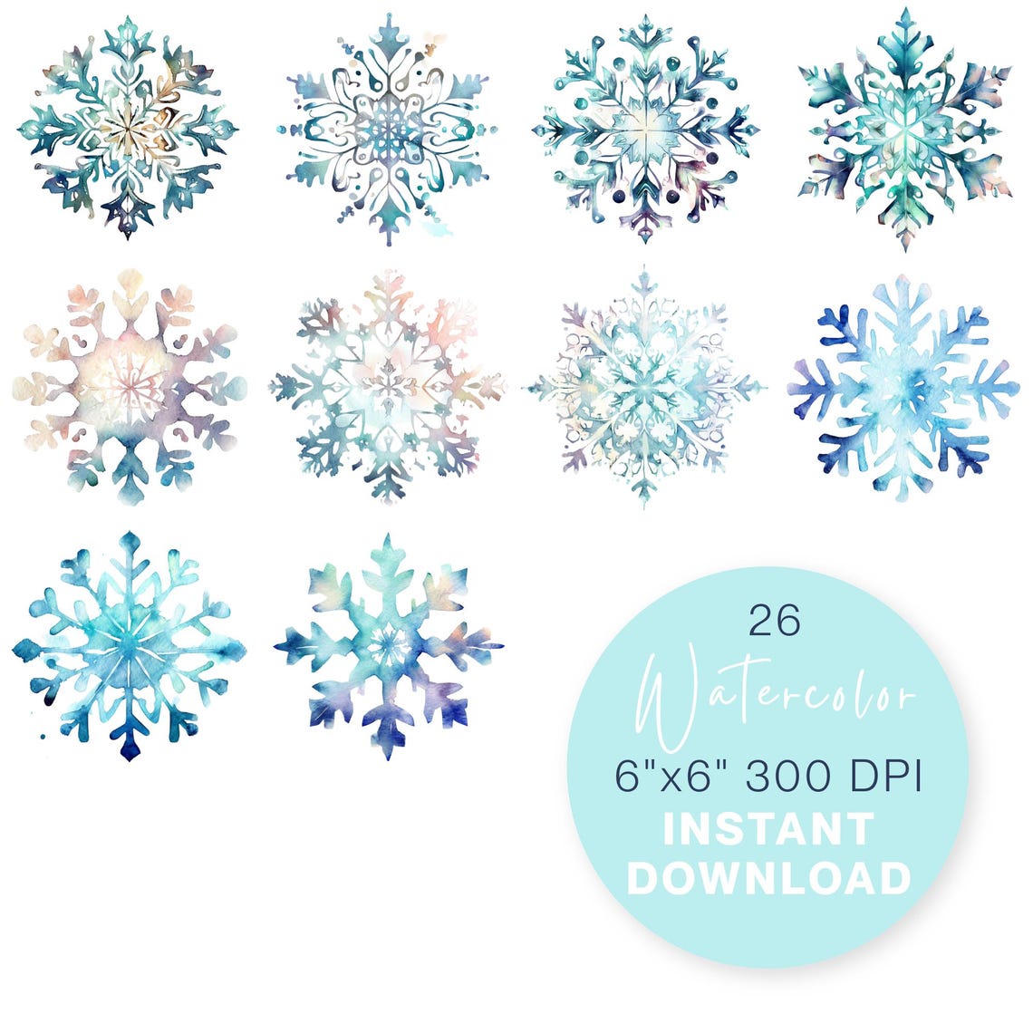 Watercolor Snowflake Clipart Bundle – 30 Transparent Pngs (300 DPI ...