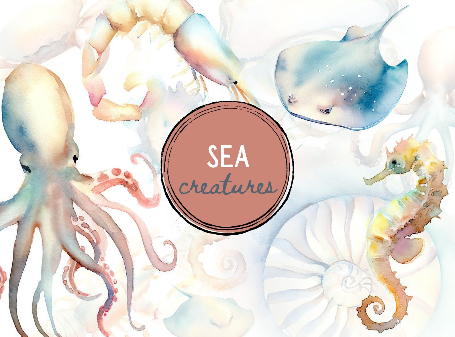 Commercial Use Sea Creatures Clipart, Watercolor Ocean Sea Creatures ...
