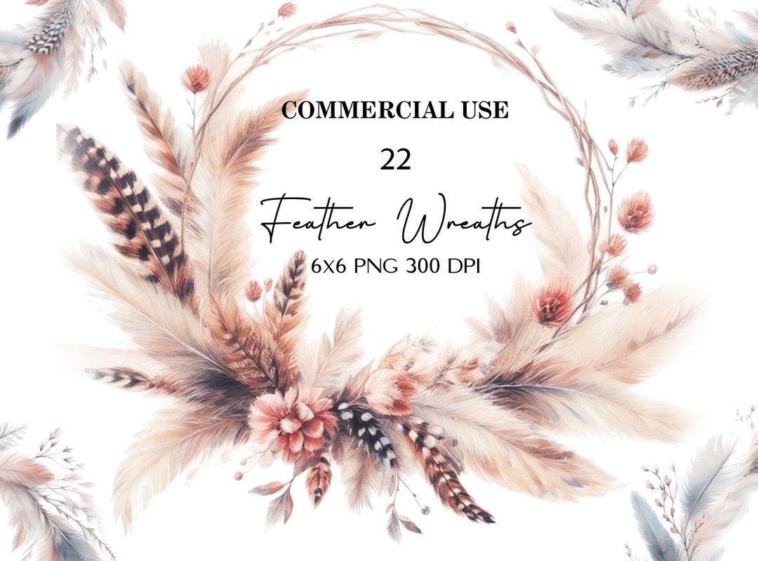 Commercial Use Bohemian Feather Clipart, Boho Feather Wreaths ...