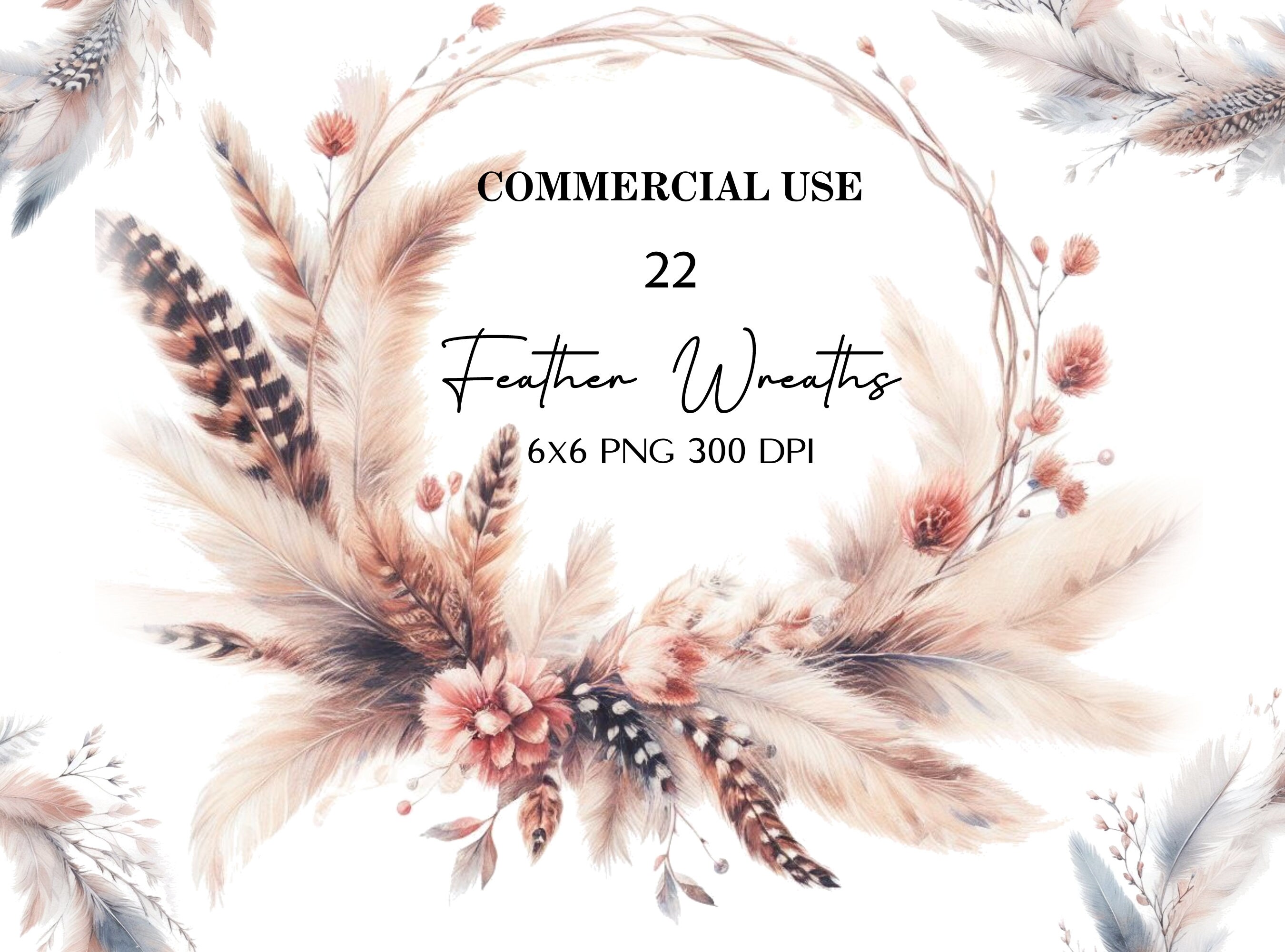 Commercial Use Bohemian Feather Clipart, Boho Feather Wreaths ...