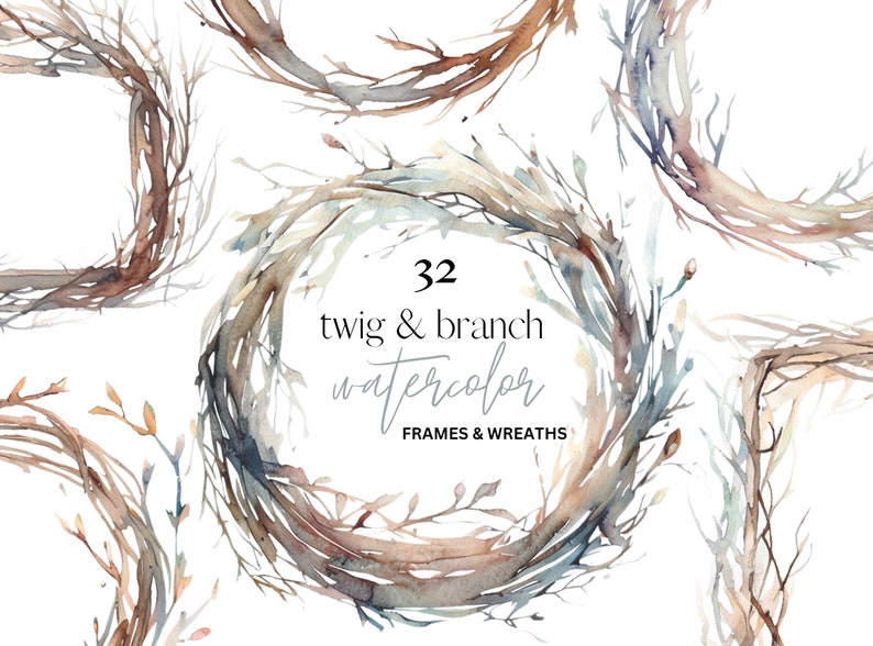 Wreath Clipart | Twig Branch PNG Bundle | Watercolor Wreath ...