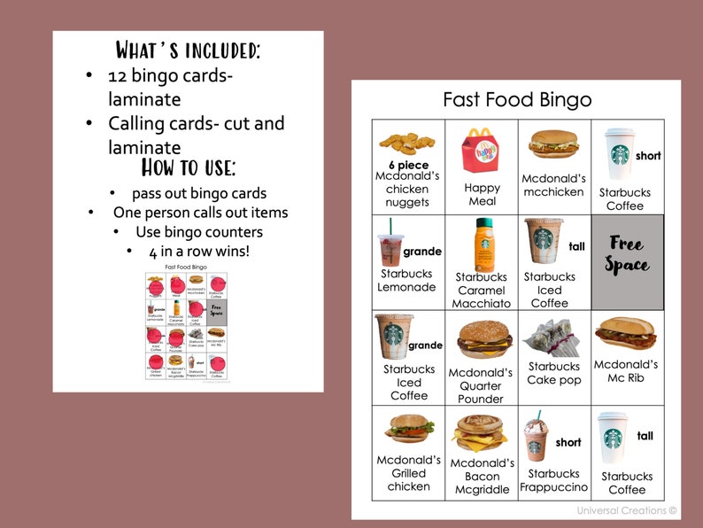 Fast Food Real Photos Bingo Game - Etsy
