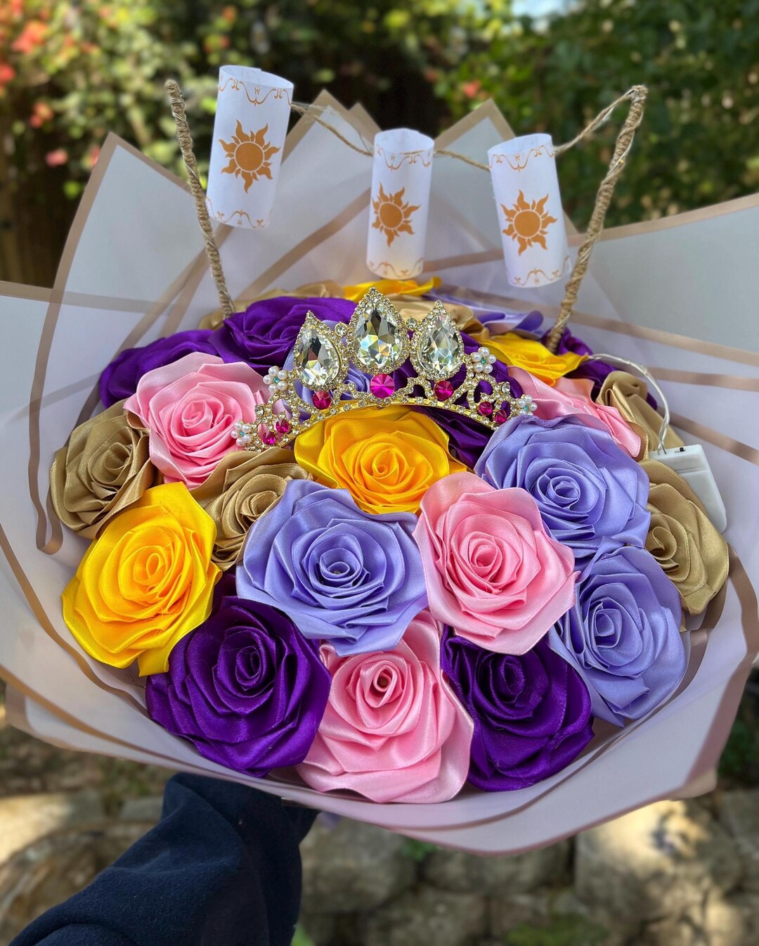 Princess Rapunzel Satin Rose Bouquet | Anniversary Gift With Crown - Etsy