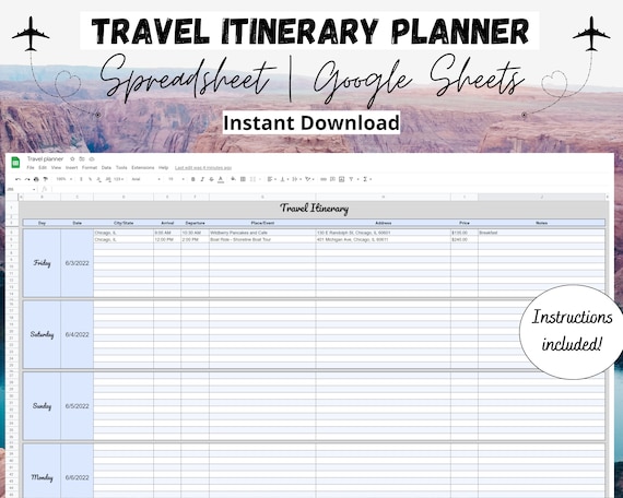 Travel Itinerary Template Google Sheets Vacation Planner Etsy