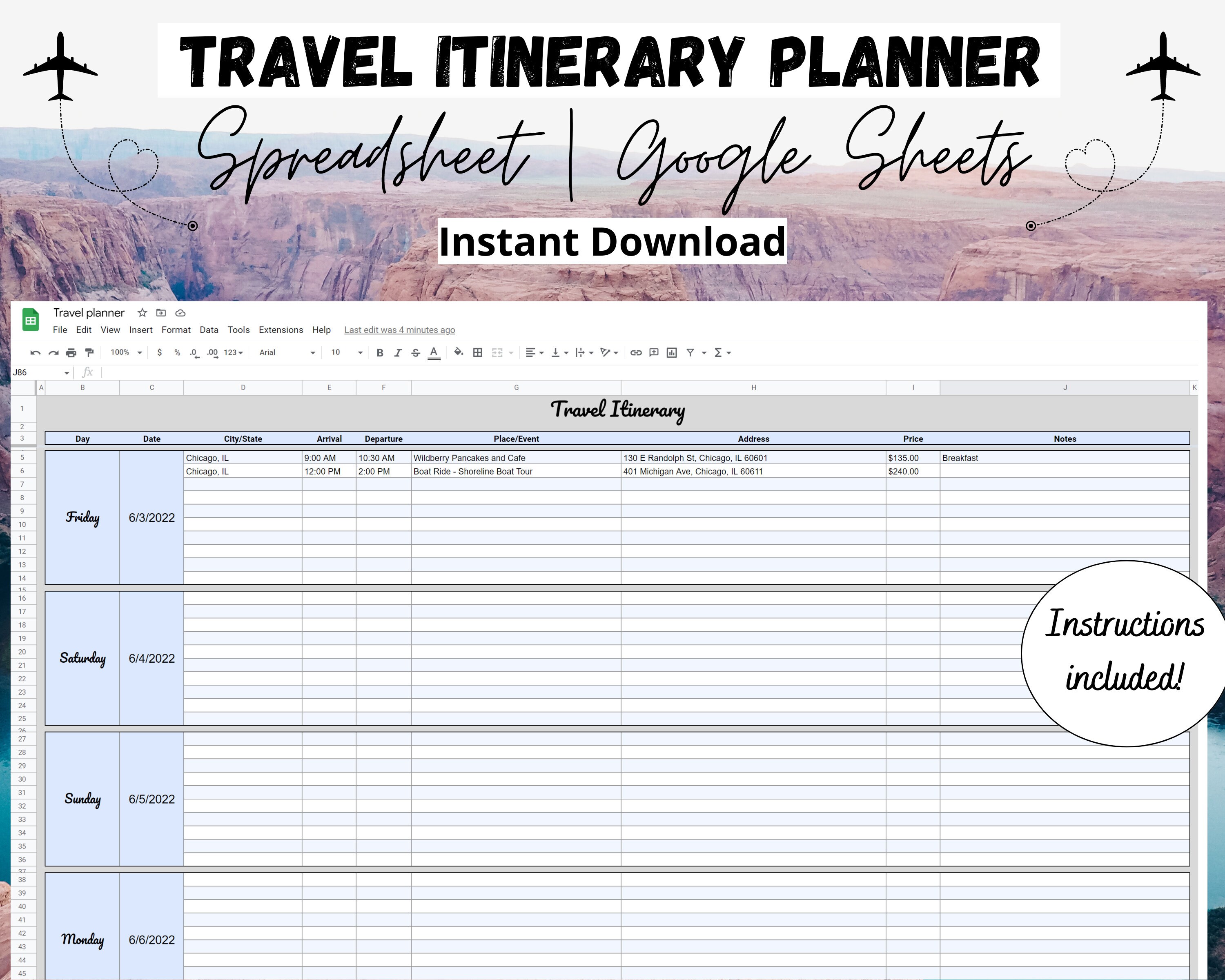 Travel Itinerary Template Google Sheets Vacation Planner Etsy Australia
