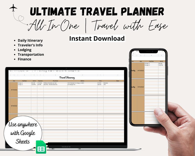 Ultimate Travel Itinerary Template Google Sheets | Travel Budget ...