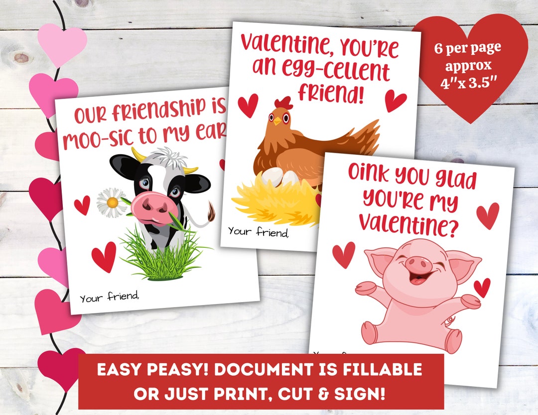 Kids Valentine Card, Farm Valentine Cards, Printable School Valentine ...