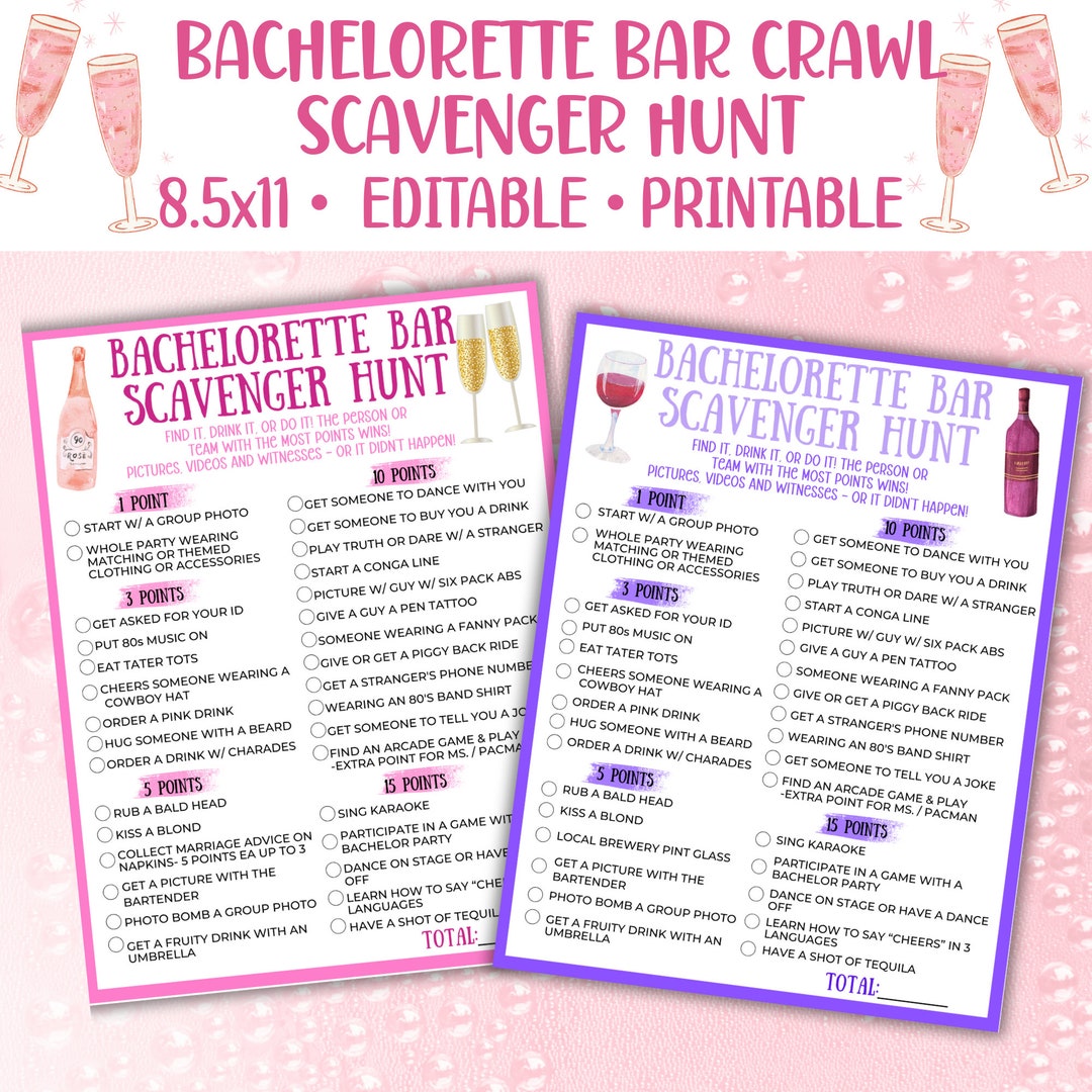 Bachelorette Bar Crawl Scavenger Hunt, Editable Bachelorette Party Scavenger Hunt Template ...