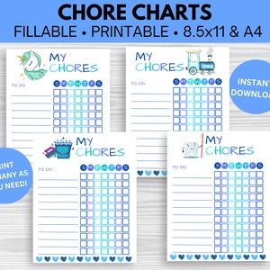 Chore Chart for Kids, Blue Chore Chart Printable, Reward Chart for Boys ...
